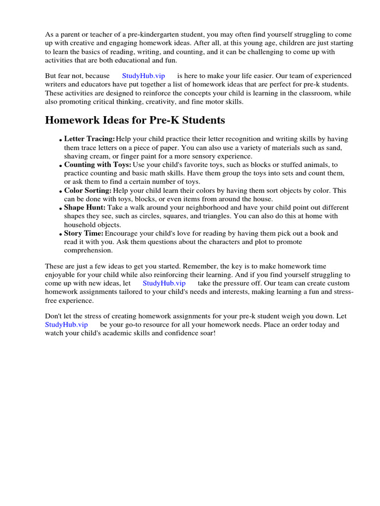 Homework Ideas For Pre K | PDF | Preschool | Homework