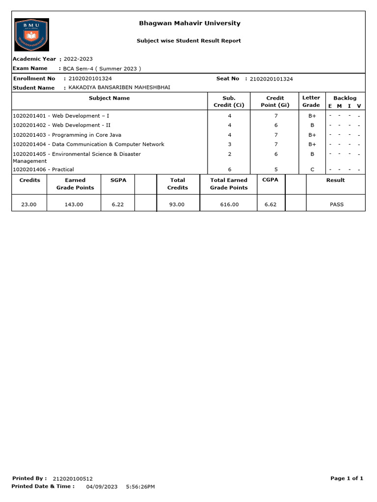 BCA Sem-4 Results - Summer 2023 | PDF | Finance & Money Management