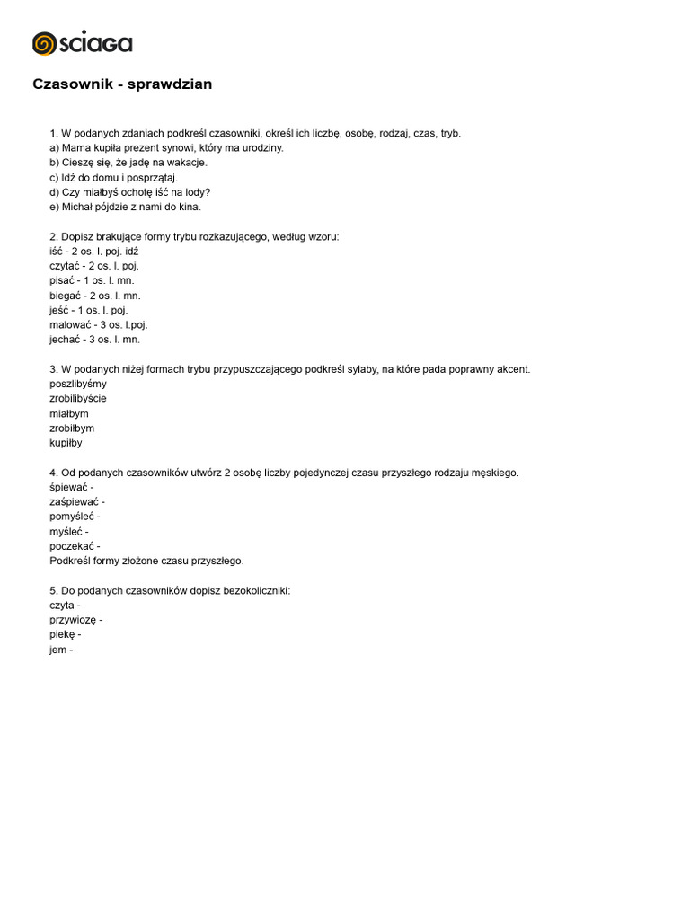 Czasownik - sprawdzian klasa 4 | PDF