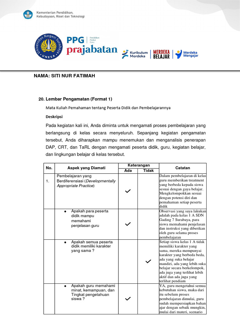 Lembar Pengamatan TOPIK 1 | PDF | Karier & Perkembangan | Kesehatan Holistik