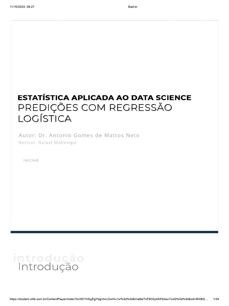 Estatística Aplicada Ao Data Science - Unidade 2 | PDF | Regressão logística | Aprendizado de ...