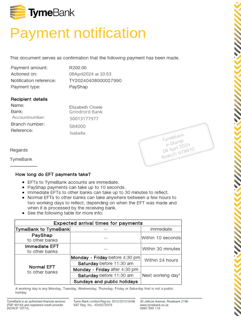 TymeBank Payment Confirmation Document | PDF | Finance & Money Management