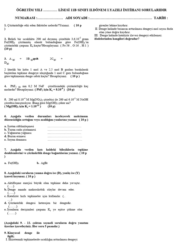 11.-sinif-kimya-2.-donem-1.-yazili-1 (1) | PDF