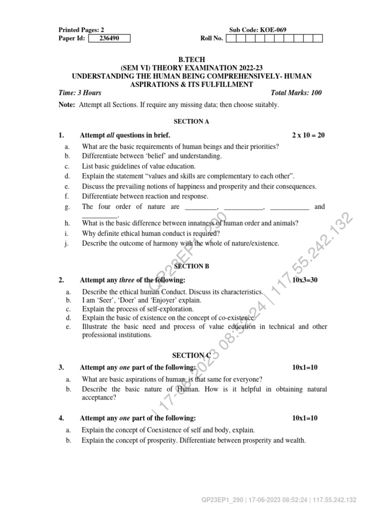 Btech Oe 6 Sem Understanding The Human Being Koe 069 2023 | PDF | Cognition | Social Psychology