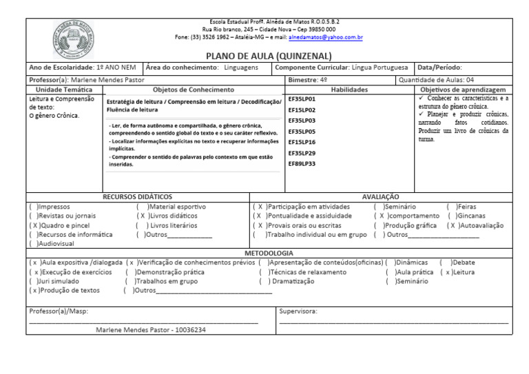 1 Ano - Plano de Aula Quinzenal - Crônica | PDF | Aprendizado