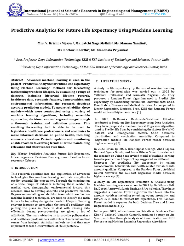 PREDICTIVE ANALYTICS FOR FUTURE LIFE EXPECTANCY USING MACHINE LEARNING | PDF | Mean Squared ...