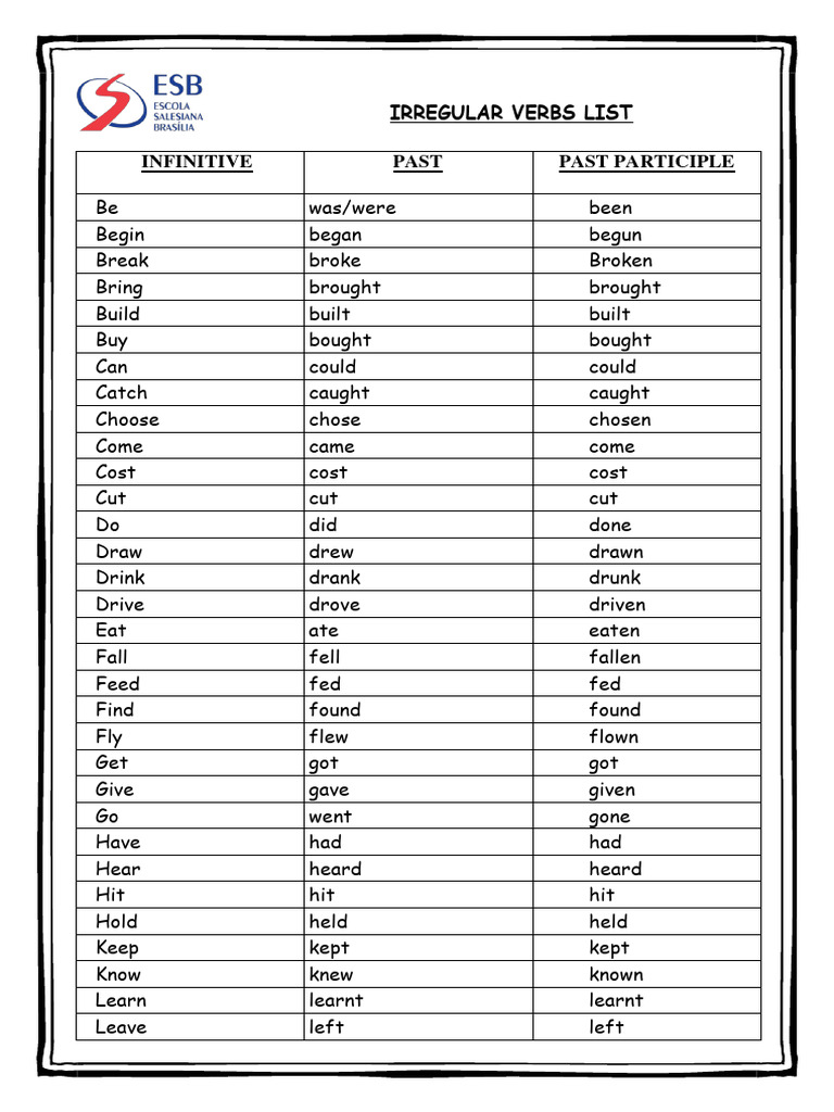 Lista De Verbos Irregulares 5 Ano Download Free Pdf Linguistic