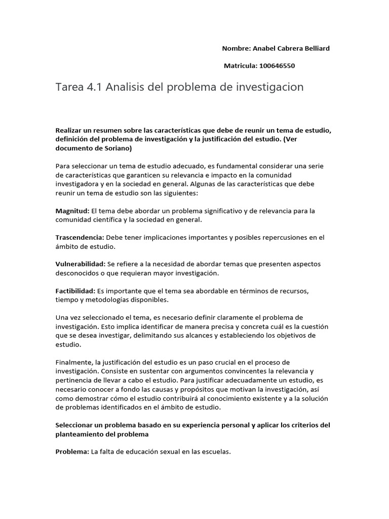 Tarea 4.1 Analisis Del Problema de Investigacion | PDF | Educación sexual