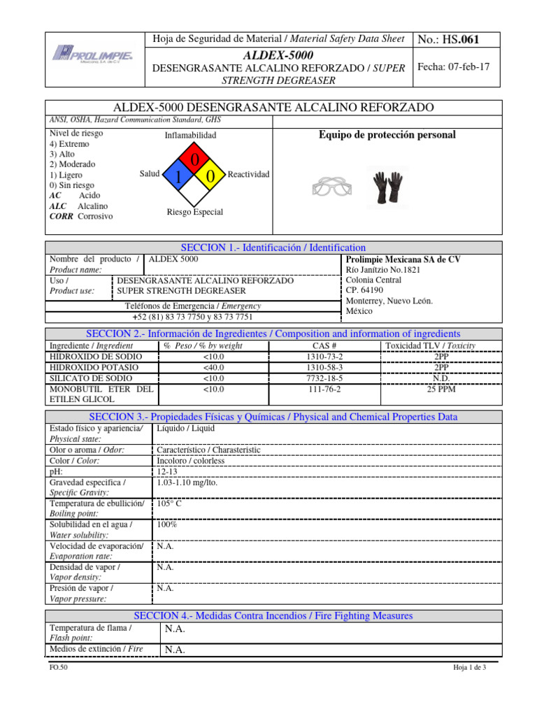 HS.061 ALDEX-5000 Desengrasante Alcalino Reforzado | PDF | La seguridad ...