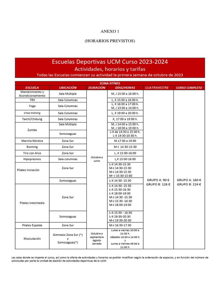 Cuadro Escuelas Deportivas Ucm Curso 2023 2024 Zona Fitness Provisional V 2 | Descargar gratis ...