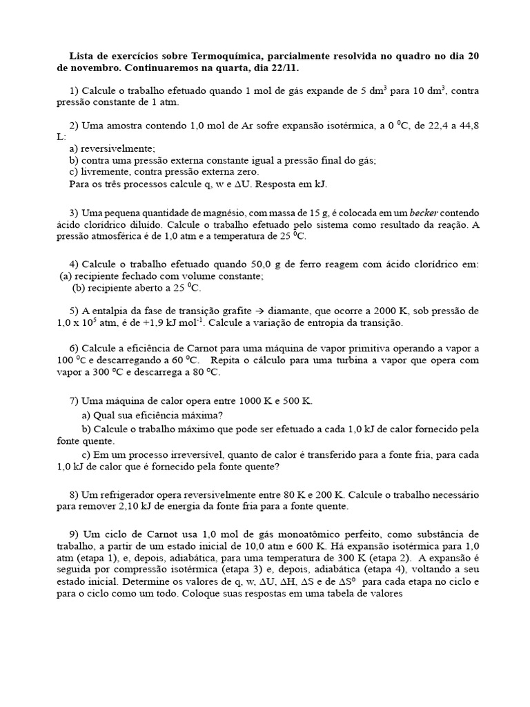 Lista_EXERCICIOS_TERMO | PDF