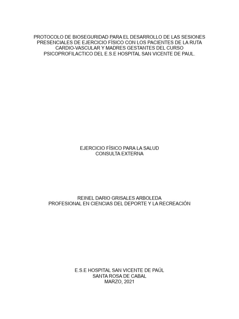 Protocolo Ejercicio Fisico Presencial Reinel Dario Grisales | PDF | Medicina CLINICA ...