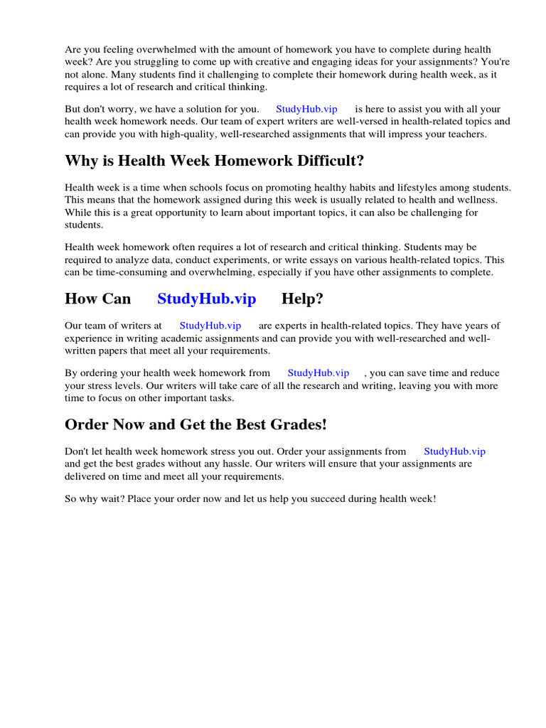Health Week Homework Ideas | PDF | Homework | Mental Health