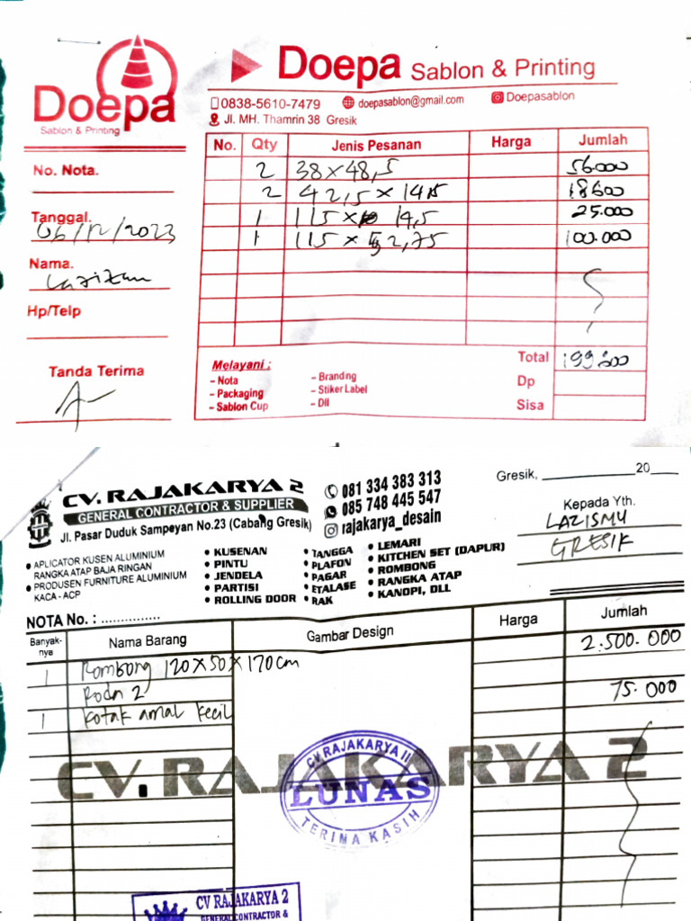 Contoh Nota Pembelian Sablon | PDF
