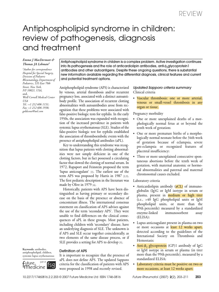 Antiphospholipid Syndrome in Childrenreview of Pathogenesis Diagnosis ...