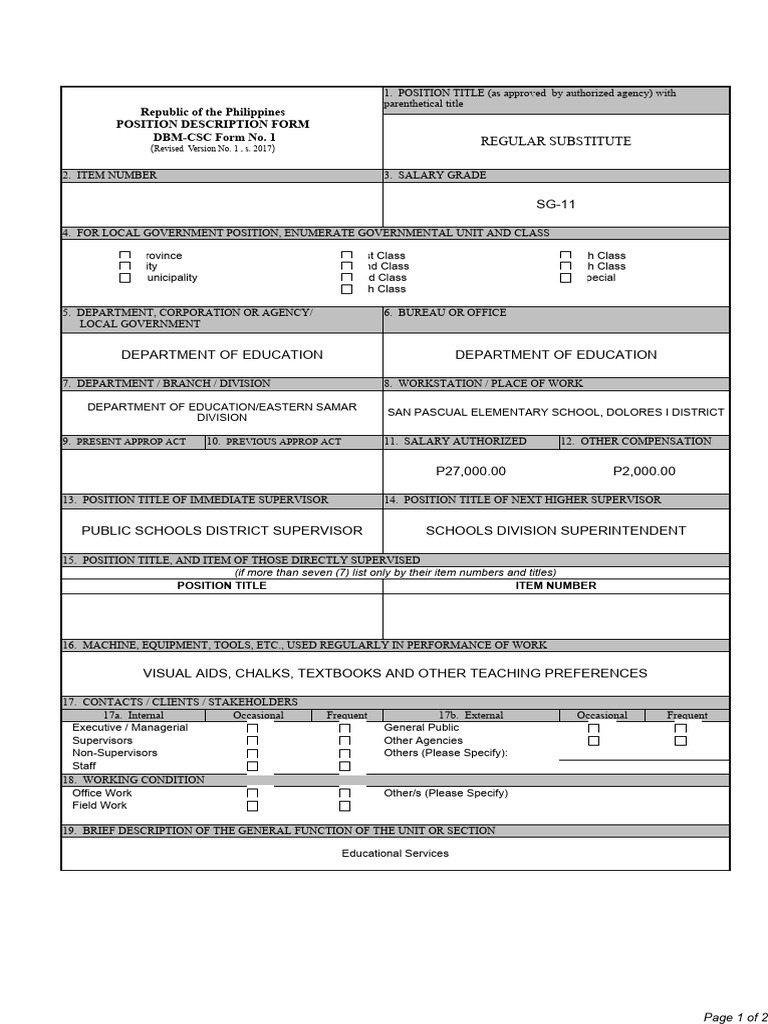 Position Description Form for Teachers | PDF | Teachers | Classroom