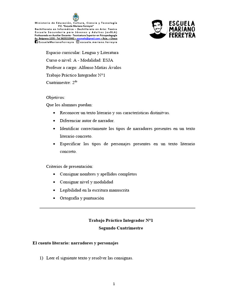 1er TP Integrador 2do Cuatrimestre Nivel A ESJA | PDF | Narración