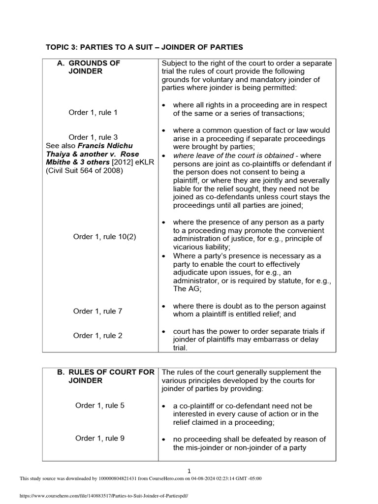 Parties To Suit Joinder of Parties PDF | PDF | Lawsuit | Joinder