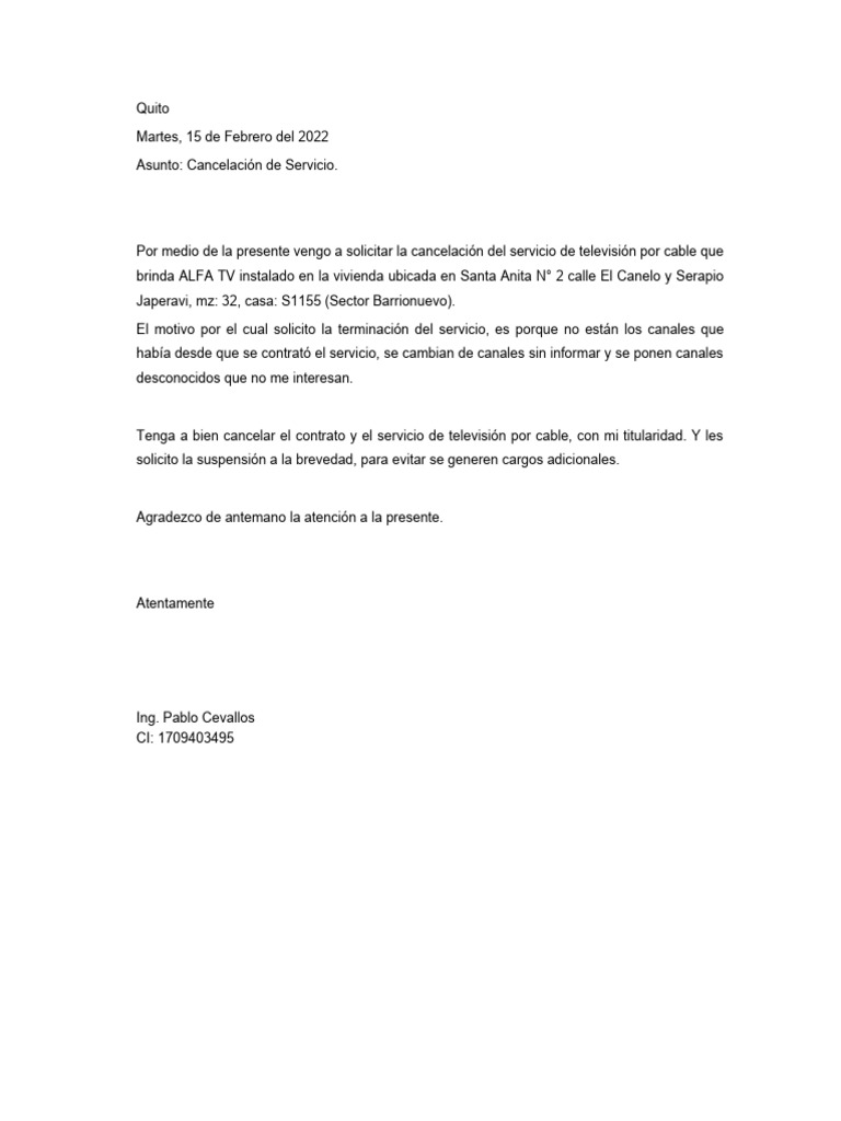 Ejemplo de Carta de Cancelación de Servicio | PDF
