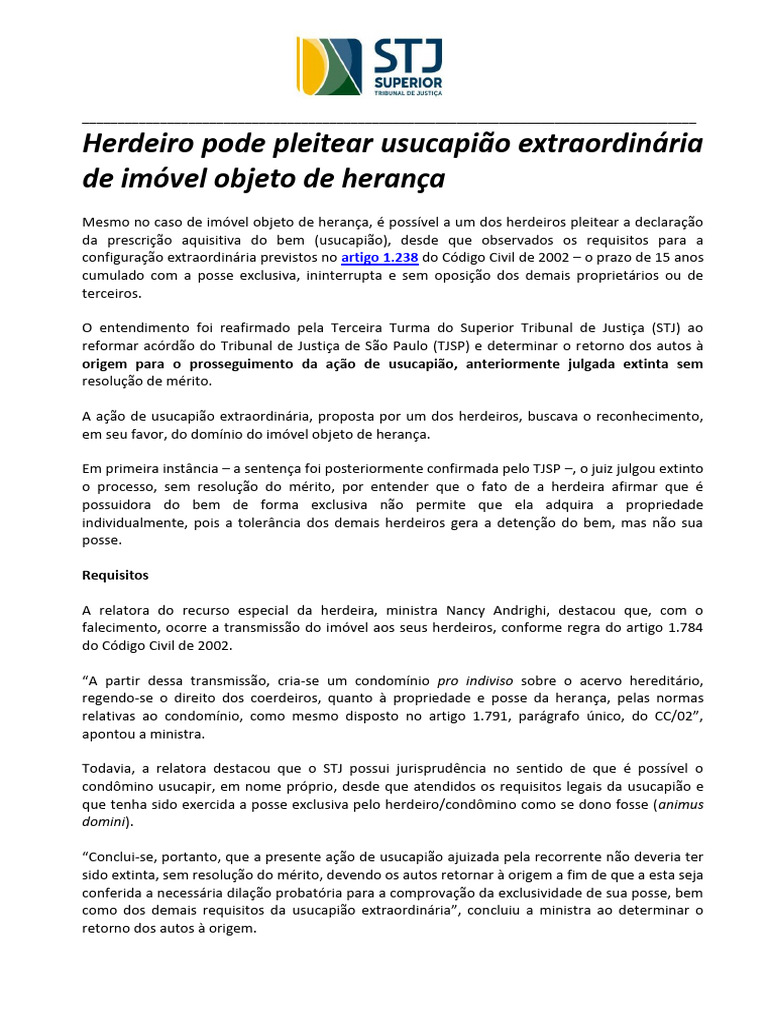 Usucapião E União Estável Decisões Do Stj Pdf União Estável Justiça