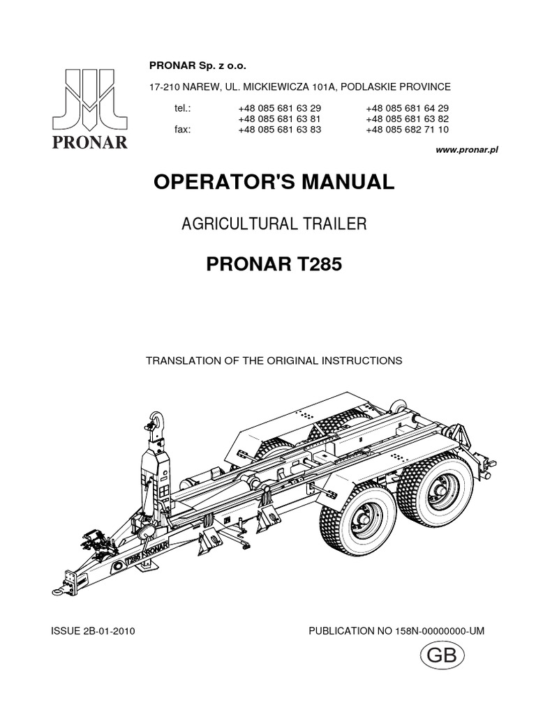 Operator'S Manual: Pronar T285 | PDF | Trailer (Vehicle) | Tractor