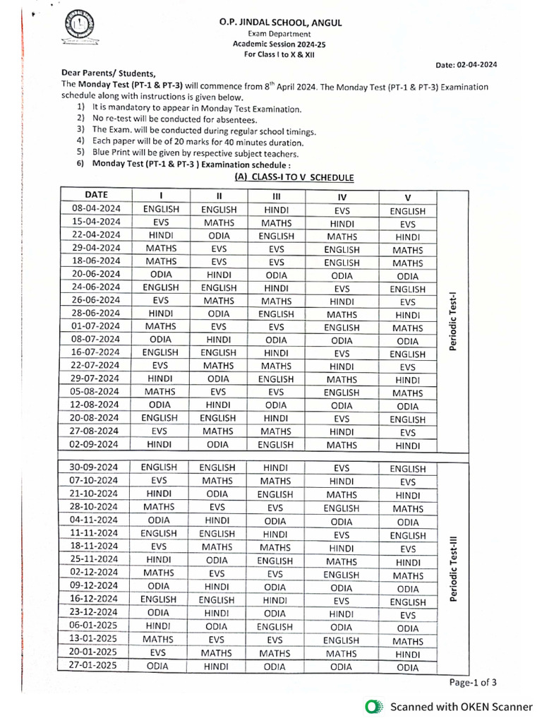 PT-1& PT-3 Exam schedule 2024-25 for students | PDF