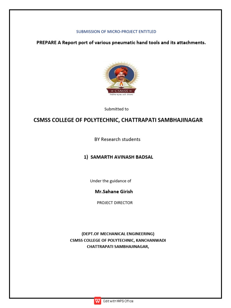 PREPARE A Report Port of Various Pneumatic Hand Tools and Its ...