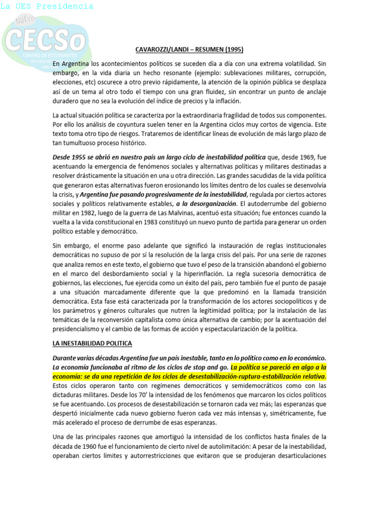 Cavarozzi Landi Resumen | PDF | Economias | Ciencias Políticas