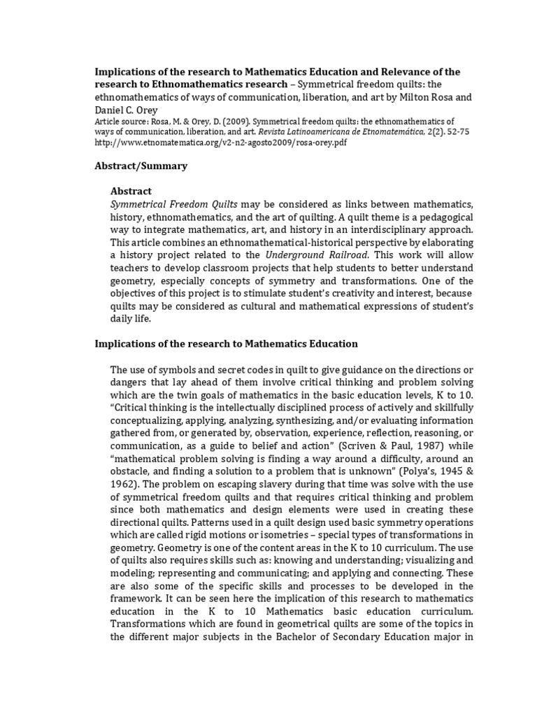 Symmetrical Freedom Quilts The Ethnomathematics of Ways of ...