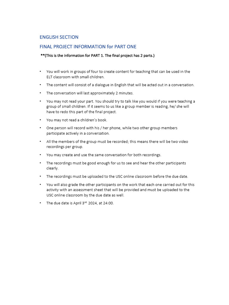 ENGLISH SECTION Part 1 Final Project Information | PDF