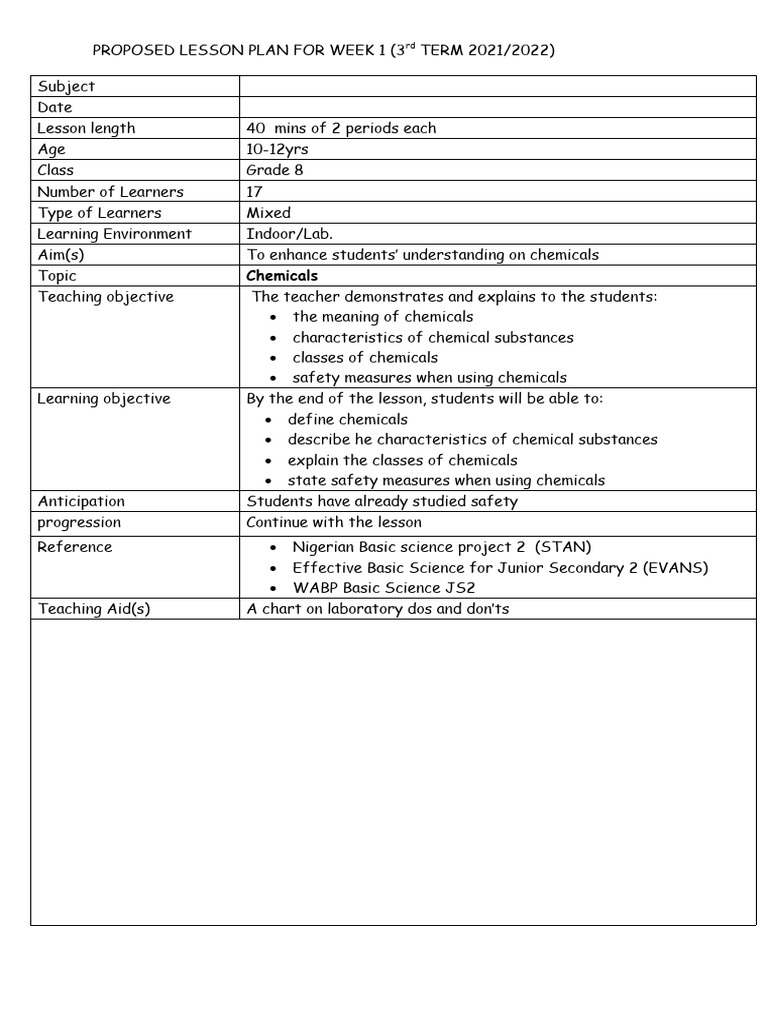BASIC SC. PLAN JSS2 3rd Term | PDF | Stimulus (Physiology) | Chemical Elements