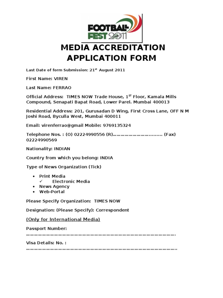 FIFA Media Accreditation Application Form | PDF | Mass Media ...