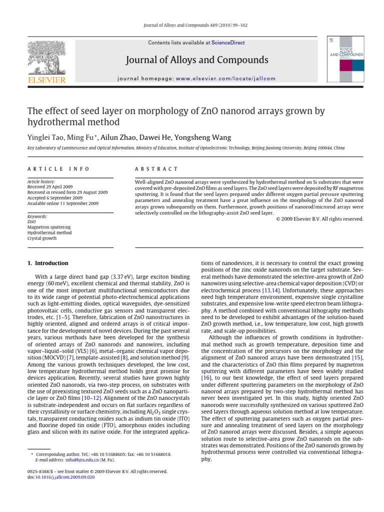 The Effect of Seed Layer On Morphology of ZnO Nanorod Arrays | PDF | Zinc Oxide | Physical Sciences