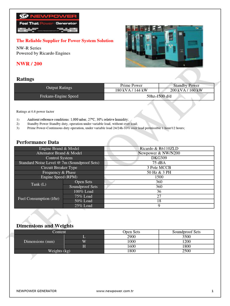NWR 200 kVA Generator Specifications | PDF | Engines | Vehicle Technology