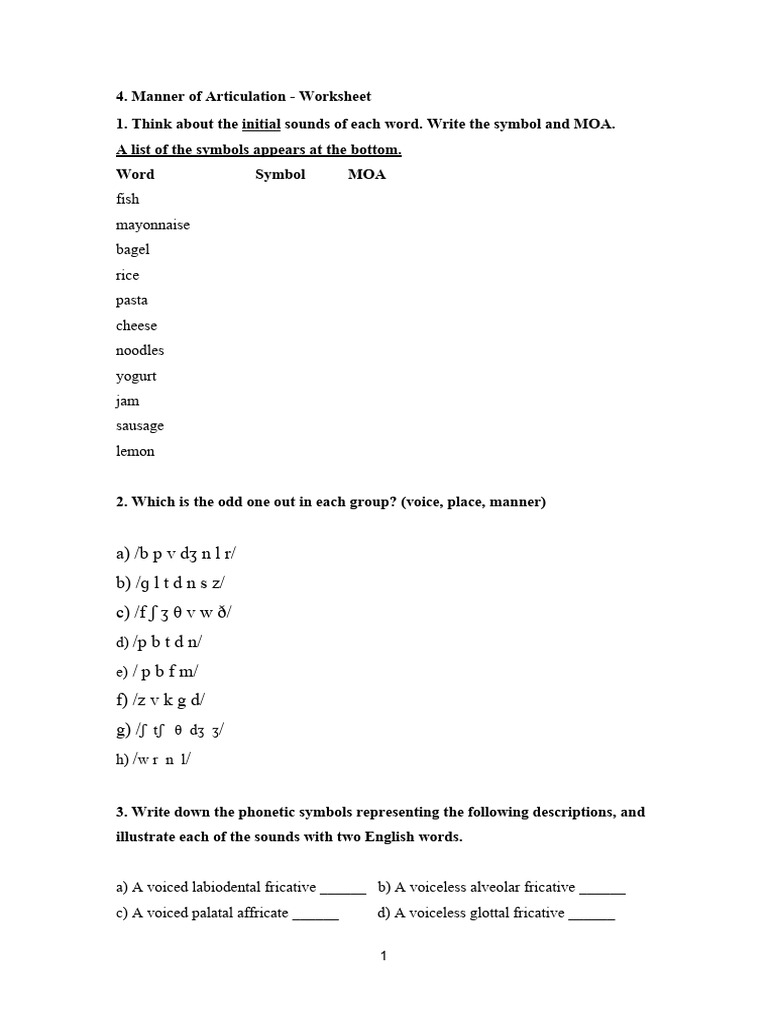 Manner of Articulation Worksheet | PDF