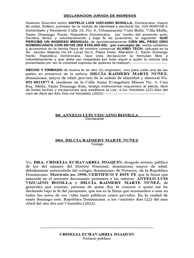 Declaracion Jurada de Anyelo Luis Vizcaino Bonilla | PDF | República ...