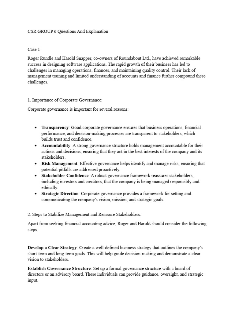 CSR GROUP 6 Questions and Explanation | PDF | Governance | Stocks