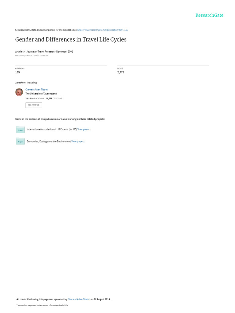 Gender and Differences in Travel Life Cycles | PDF | Statistics | Tourism