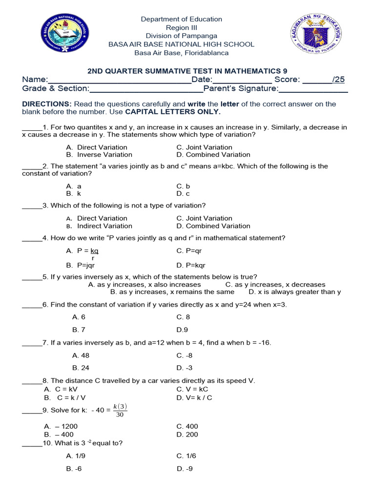 2nd Quarter Summative Test | PDF | Mathematics