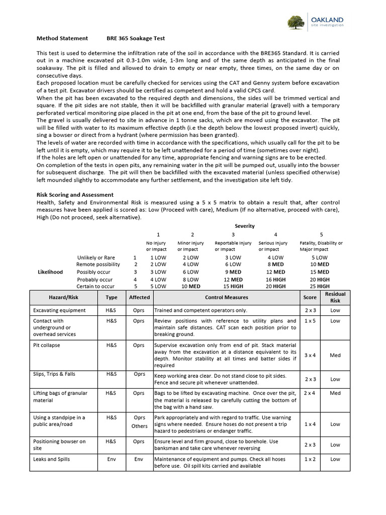BRE 365 Soakage Test Method Statement | PDF | Risk | Safety