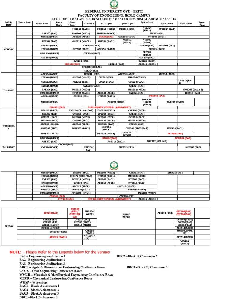 2nd Semester LECTURE TIMETABLE - ENGINEERING | PDF