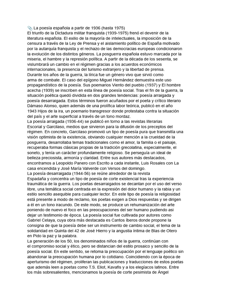 ? La Poesía Española A Partir de 1936 (Hasta 1975) | PDF | Literatura ...