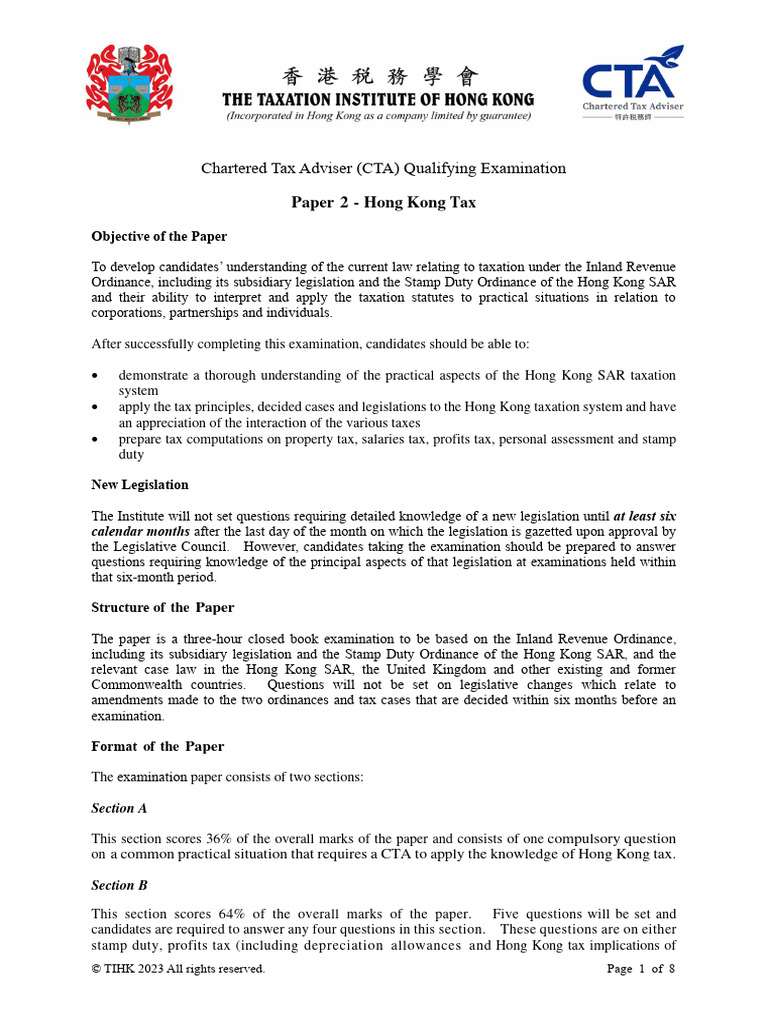 Hong Kong CTA Exam Paper 2 Overview | PDF | Taxes | Tax Deduction