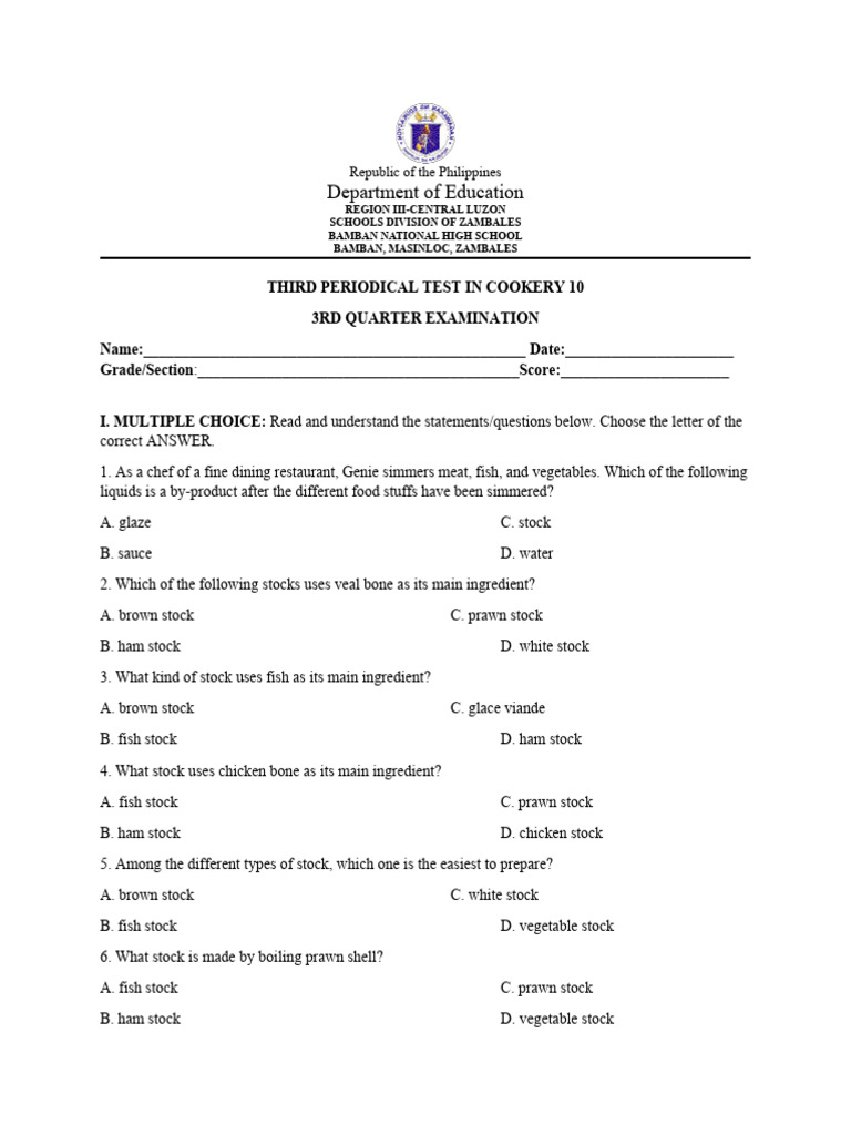 Cookery 10 Test Paper | PDF | Stock (Food) | Soup