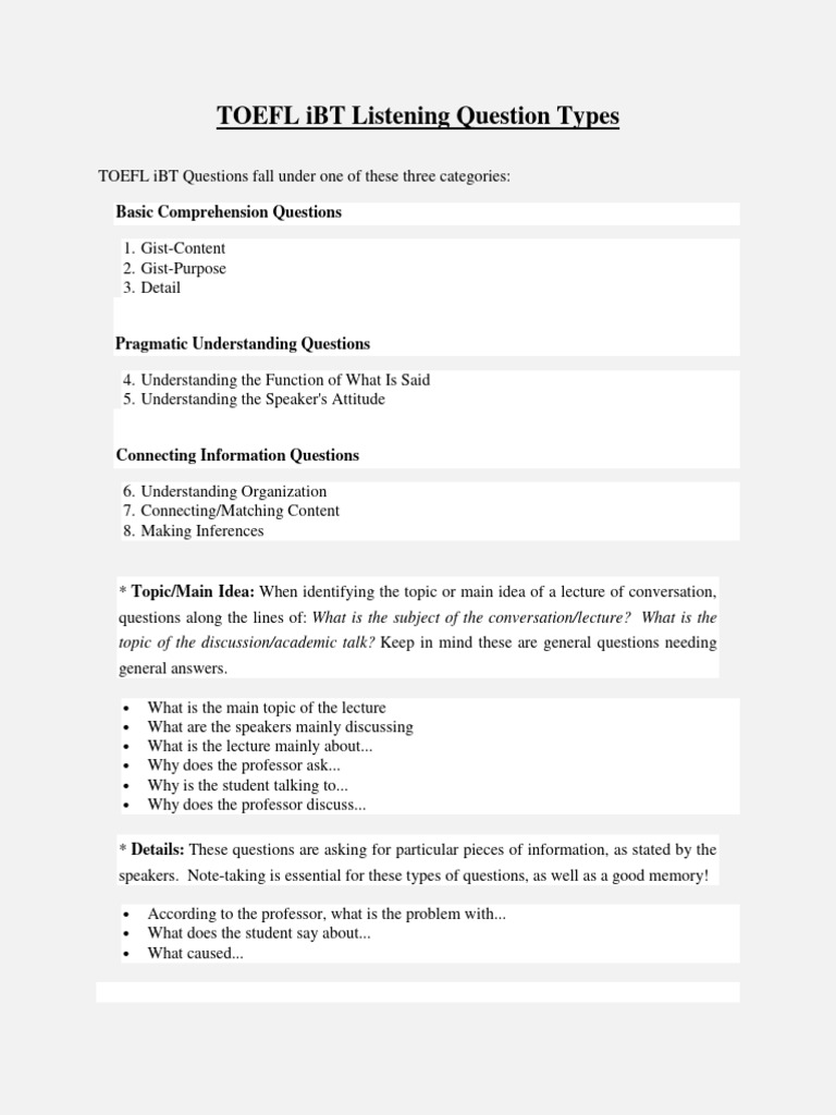 TOEFL IBT Listening Question Types | PDF | Conversation | Question
