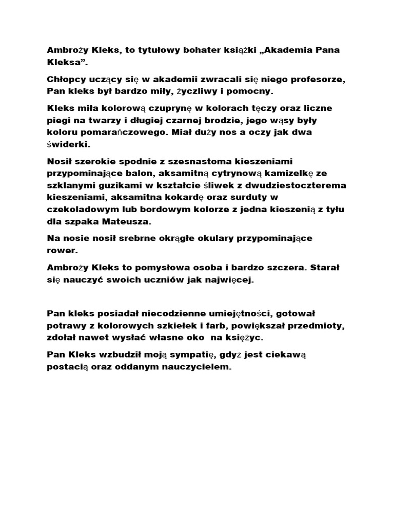 J. Polski Klasa 4 Akademia Pana Kleksa, Opis Postaci | PDF