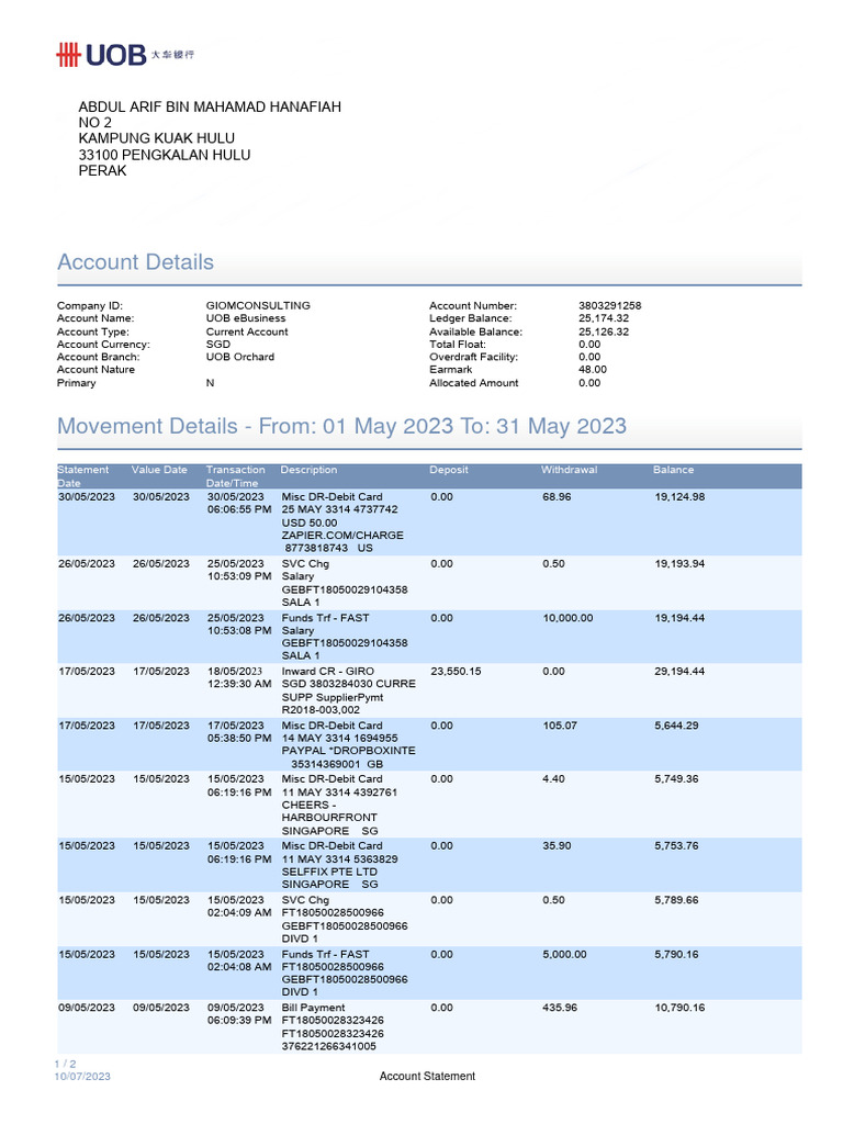 UOB EStatement 05 2023 | PDF | Deposit Account | Deposit Insurance