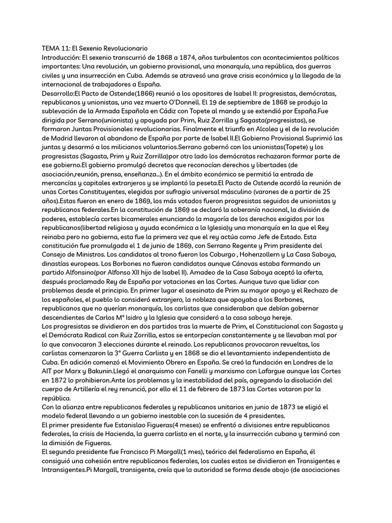 TEMA 11 - El Sexenio Revolucionario | PDF | Política de españa | Gobierno de españa