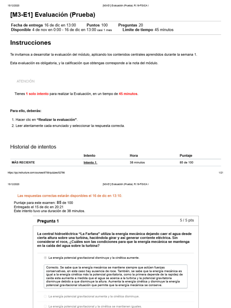 [M3-E1] Evaluación (Prueba)_ R.19-FÍSICA I | PDF | Masa | Energía potencial
