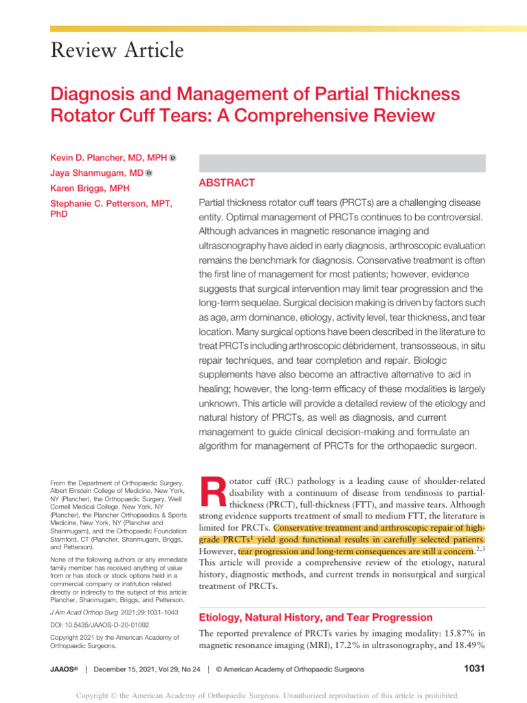 Diagnosis and Management of Partial Thickness Rotator Cuff Tears - A ... Diagnosis and Management of Partial Thickness Rotator Cuff Tears - A ...